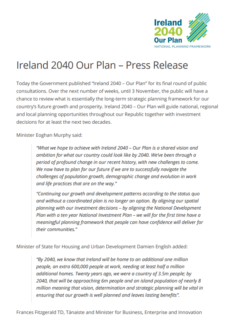 Draft of Ireland 2040 - Our Plan - The National Planning Framework